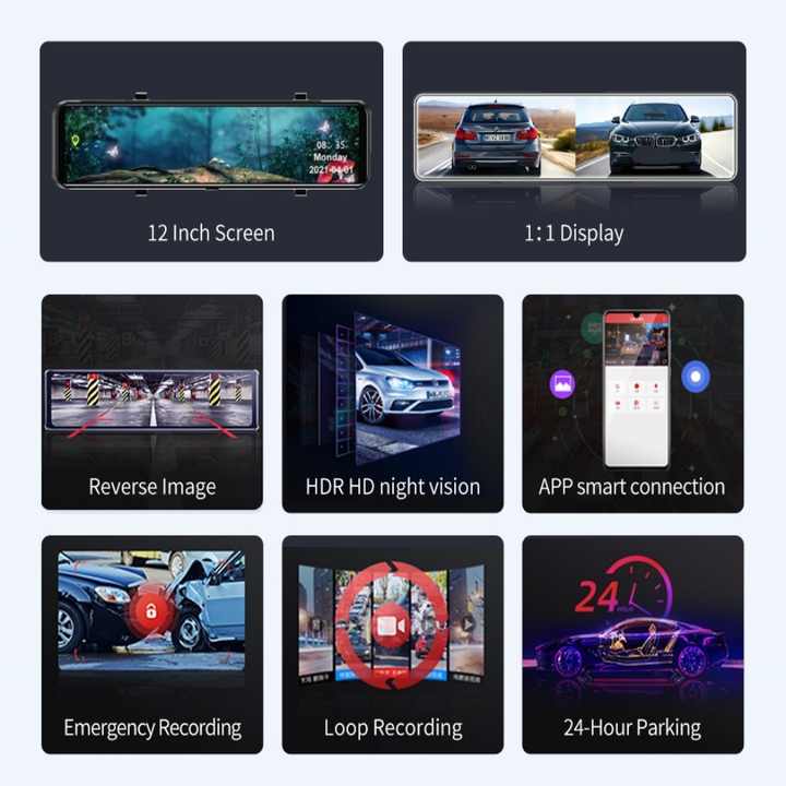 12 Inch 4K+2K Front and Rear Mirror Dash Cam Car Dash Camera Dashcam ...