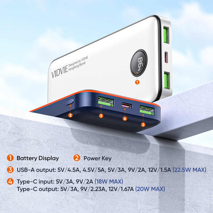VIDVIE 10000mah Power Bank - Fast Charging with LED Display