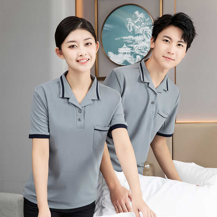 T Shirt Uniforms Cleaning With logo Blue Housekeeping Cotton Uniform ...