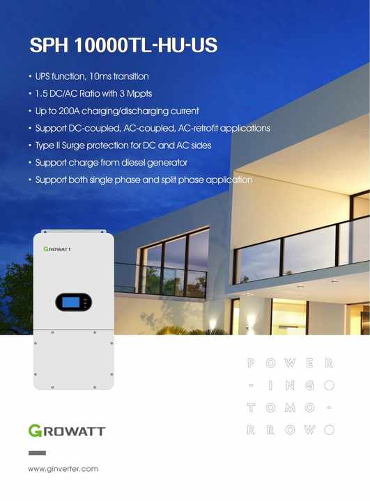 Growatt SPH 10000TL-HU-US Inverter - 10kw Hybrid Solar Power