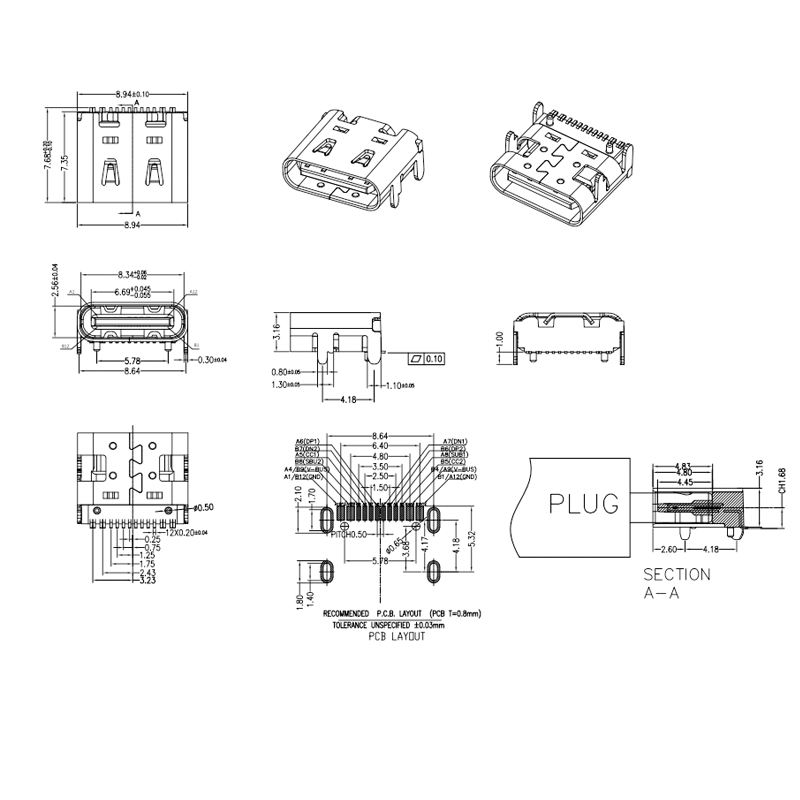 Type-C 16-Pin Female Copper Connector Socket Charging Port Dock Plug ...