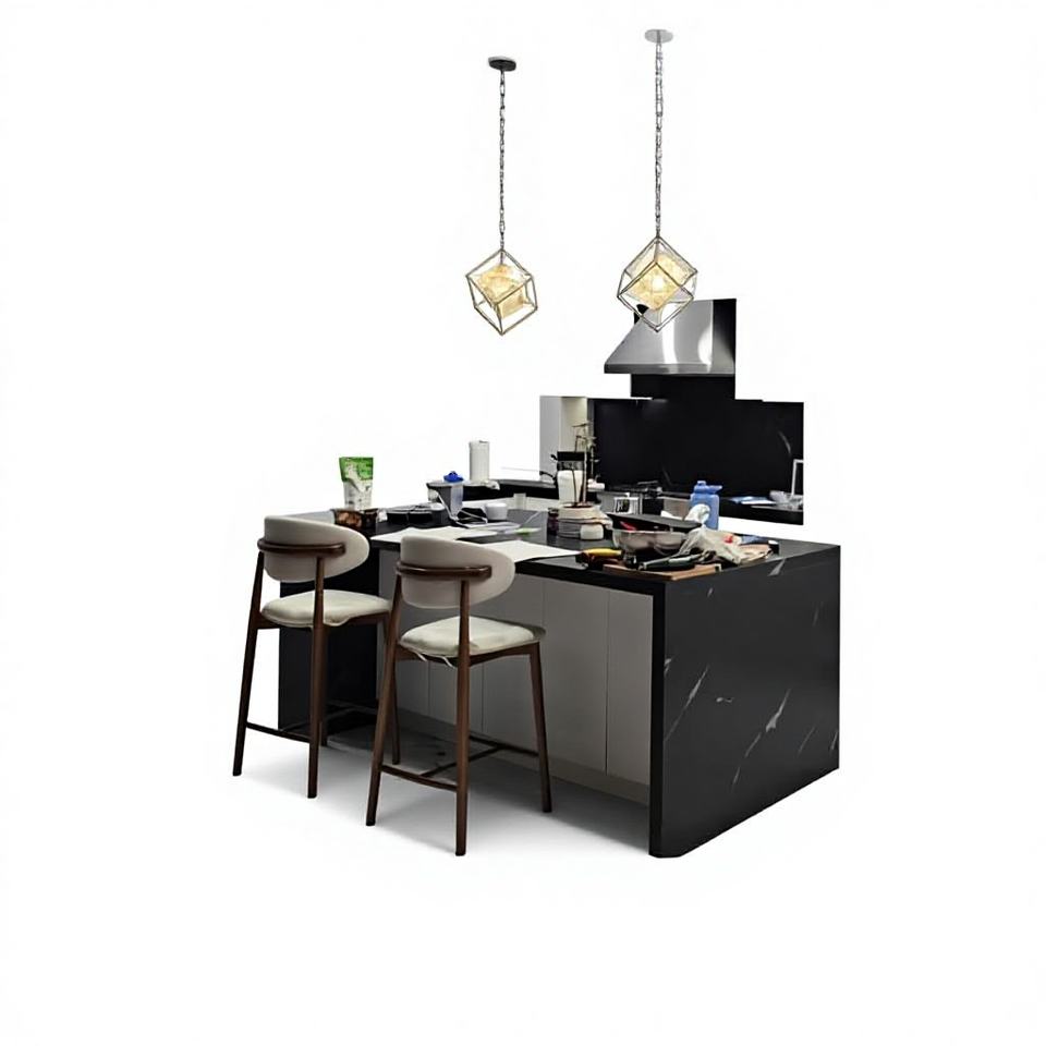 Minimalist White Kitchen Island Cabinets with Stainless Steel and Black ...