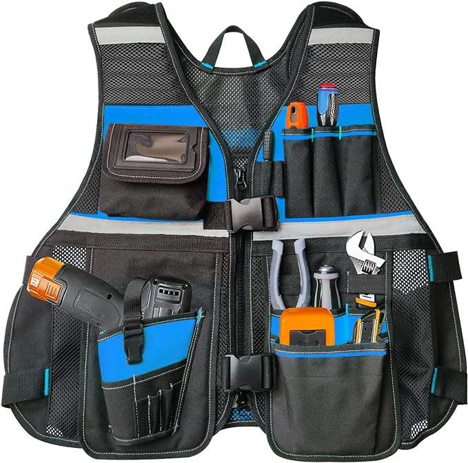 Dr.tough Blue 15-Pocket PVC Construction Tool Vest Reflective Safety ...