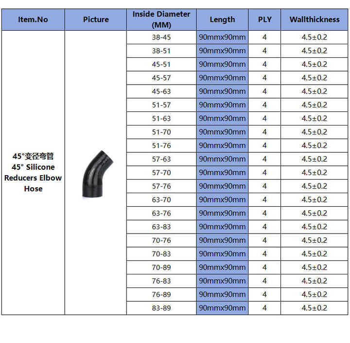 45 Degrees Reducer Silicone Elbow Hose 38MM-89MM Rubber Joiner Bend ...