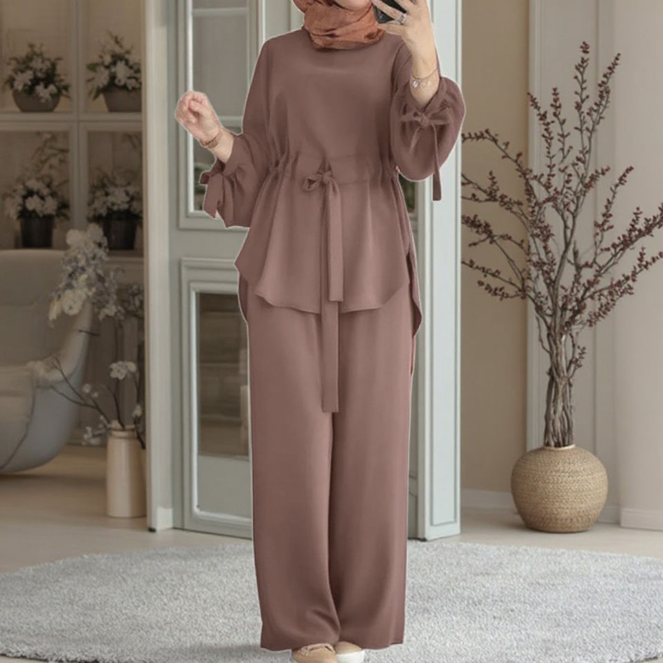 PROMISTAR Women's Elegant Two-Piece Set Round Neck Top Wide-Leg Pants ...