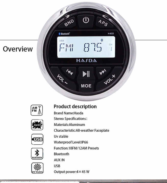 HASDA Marine Waterproof 8 Inch Speakers - H-068 & MP3 Player - H-833