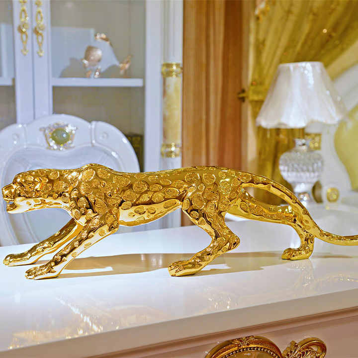 Large Gold Leopard Sculpture - Decorative Accents for Home