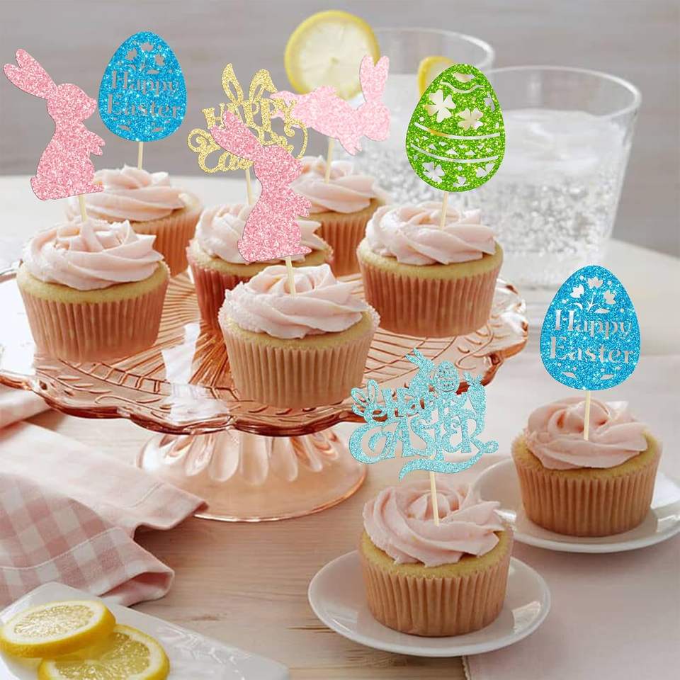 Happy Easter Cupcake Toppers Glitter Bunny Eggs Cupcake Picks for Baby ...