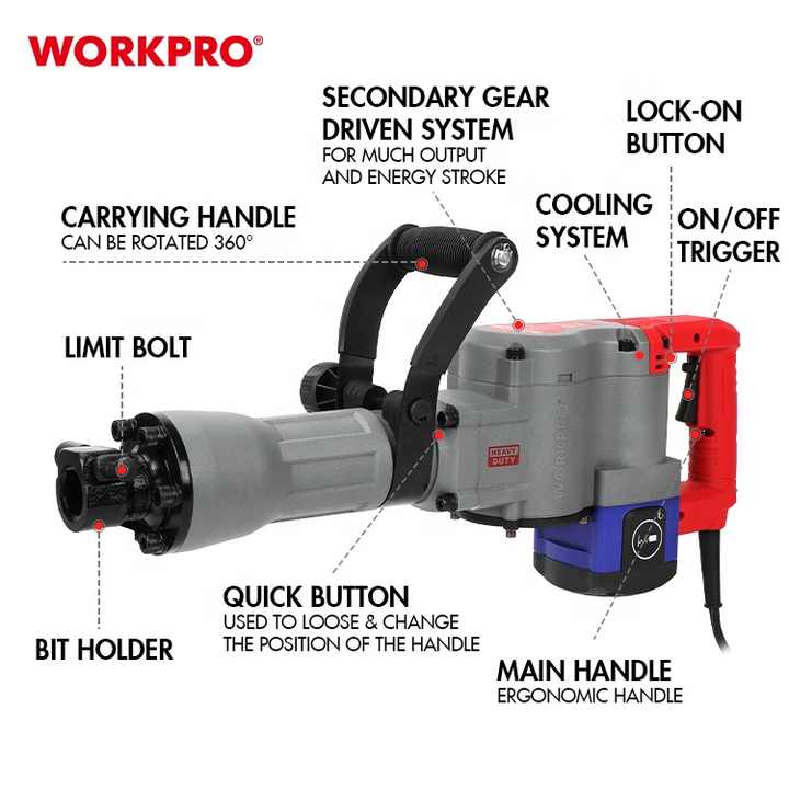 WORKPRO 1500W Demolition Breaker Hammer - 60J Impact Energy