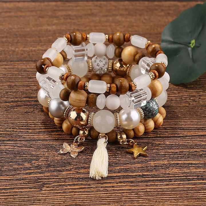 Dekorative handgemachte Boho Schmuck Holz Perle Armreif Schmetterling Star Charms Kette Set Frauen Designer Bohemian Beaded