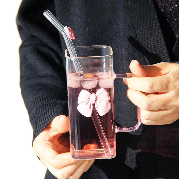 Cute pink Bow square Glass Cups with Lid and Straw Heat Resistant Glass ...
