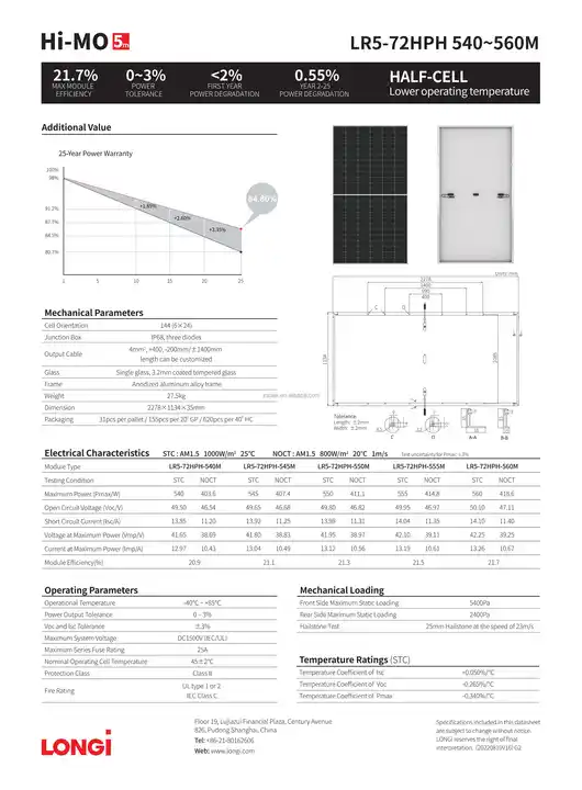 Longi Monocrystalline 550W Solar Panels - Mono Si Solar Modules ODM
