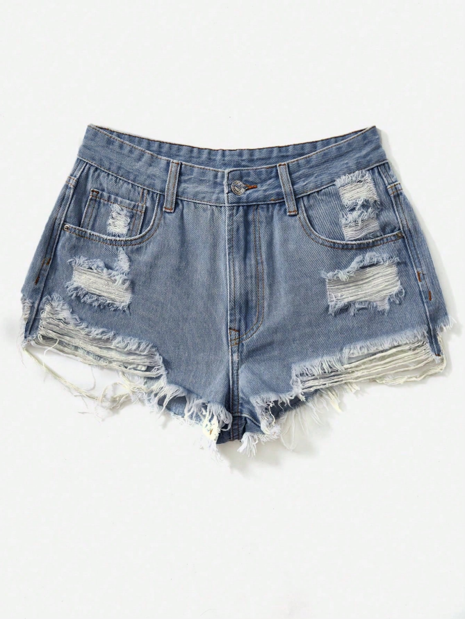 High-Waisted Casual Women's Denim Shorts with Ripped Design Straight ...