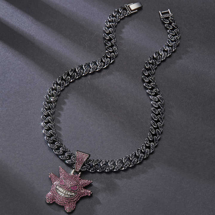 Hip Hop Bling Cartoon Ghost Charms Gengar Pendant Necklace Cuban Chain ...