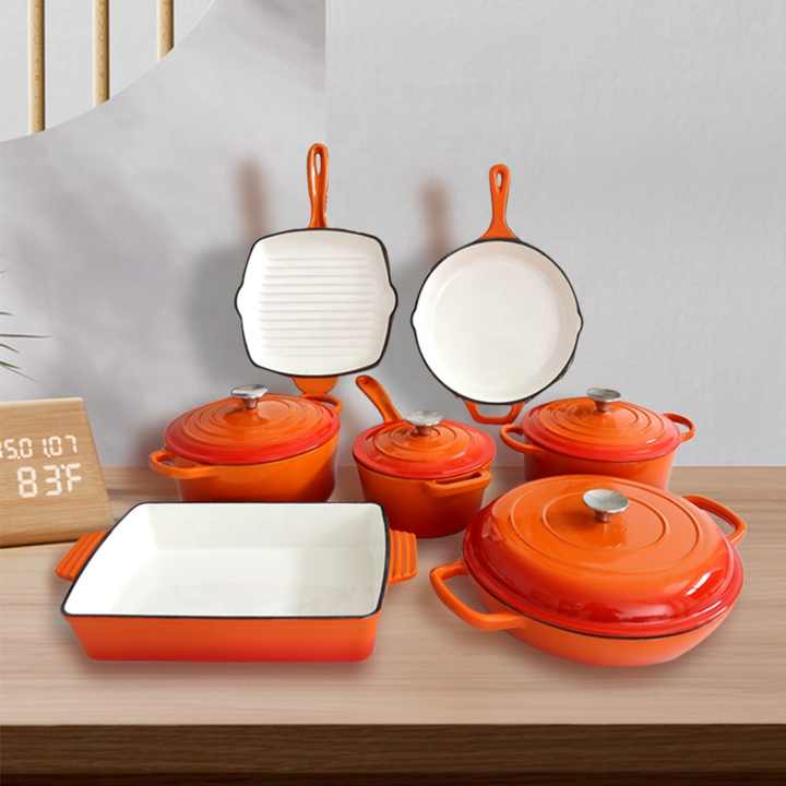 Pot Set Non Stick Cookware Min 1 Set Orange Kitchen 11 Piece Cast Iron ...