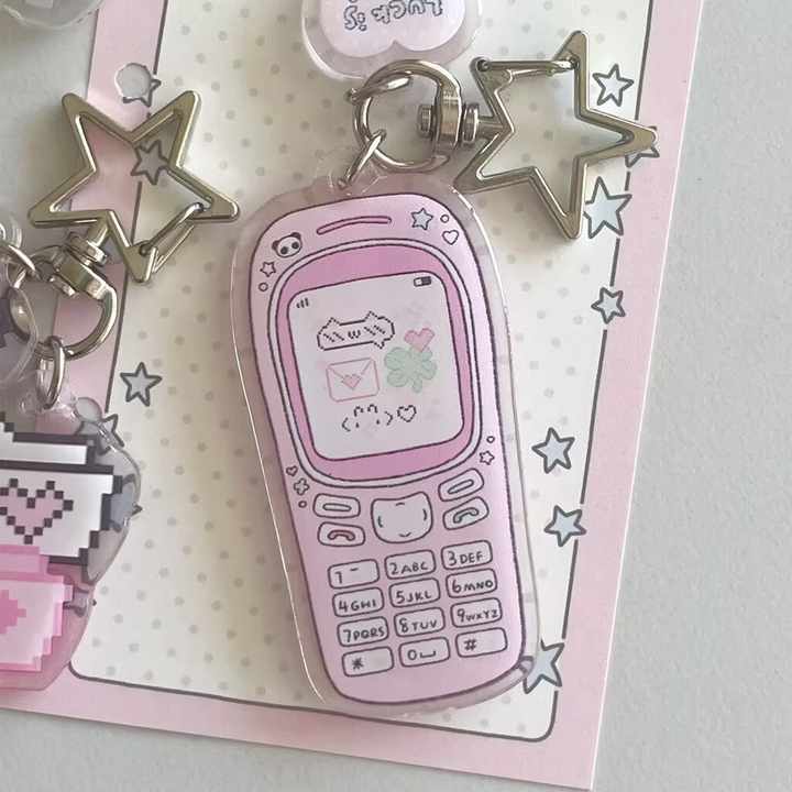 Cartoon Cute Pink Phone Pixel Keychain Creative Acrylic Pendant Student ...
