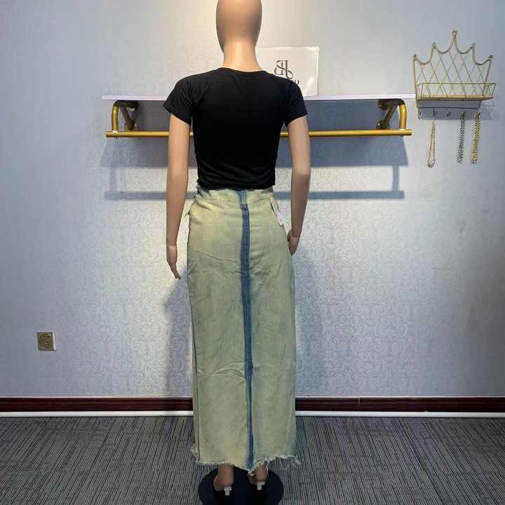 Harajuku Patchwork Denim Long Skirt For Women 2024 New Split Button Raw ...