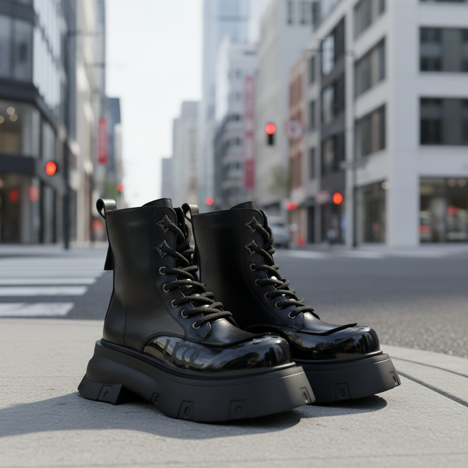 Men's Chelsea Flat Thick Soled Ankle Bootie Lace-up Genuine Leather ...