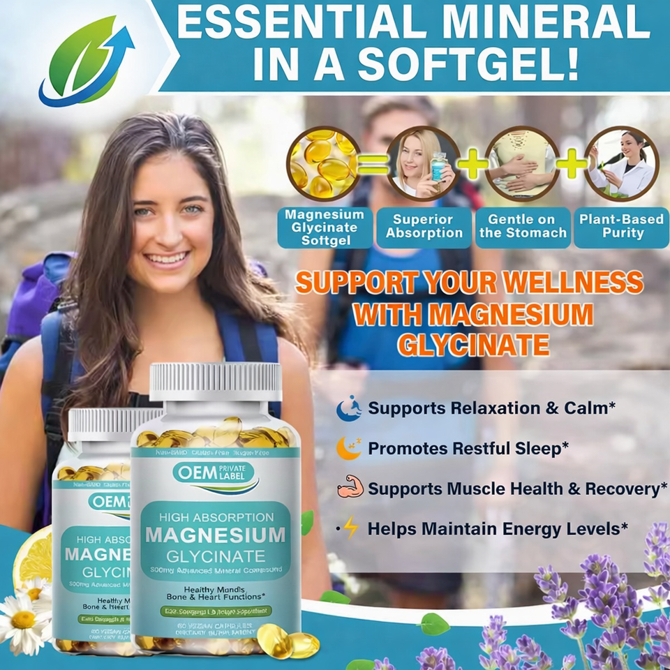 OEM 500mg Magnesium Glycinate Softgels Supplement Muscle Heart Sleep ...