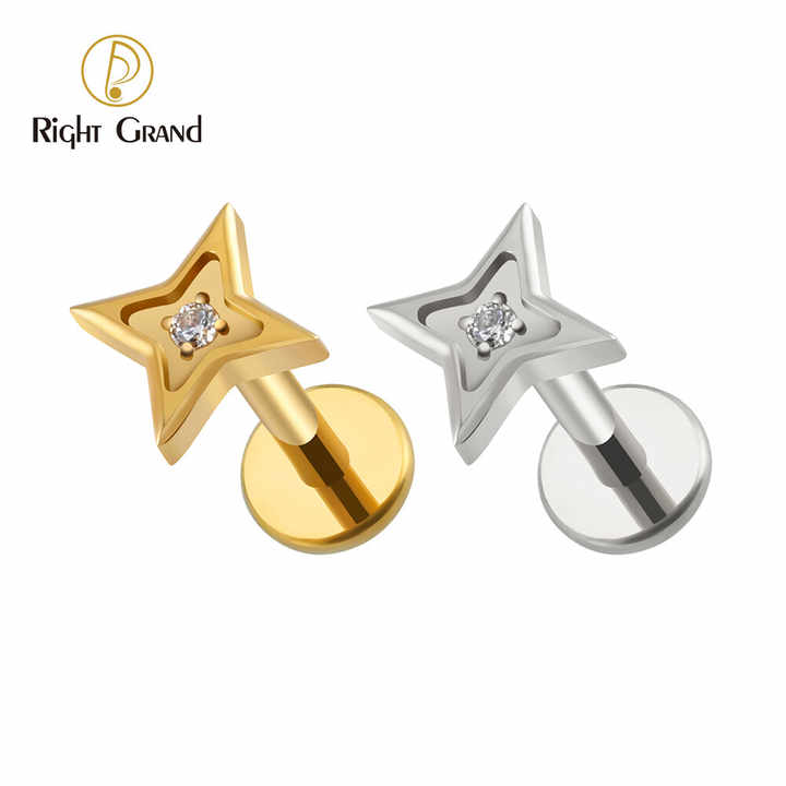 Right Grand ASTM F136 Titanium 4 Pointed Star CZ Stud Tragus Helix ...