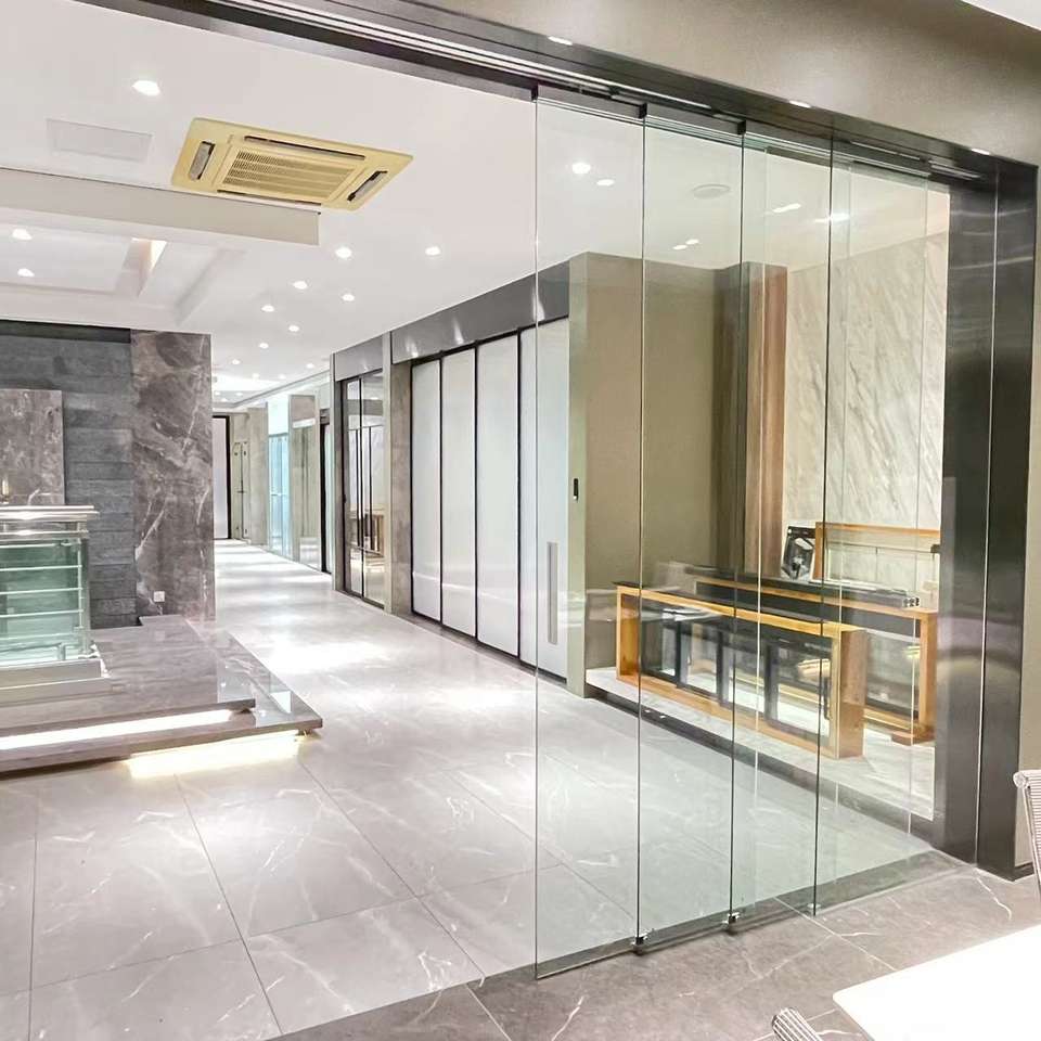 Pintu Geser Kaca Tempered Aluminium Tanpa Frame untuk Ruang Dalam
