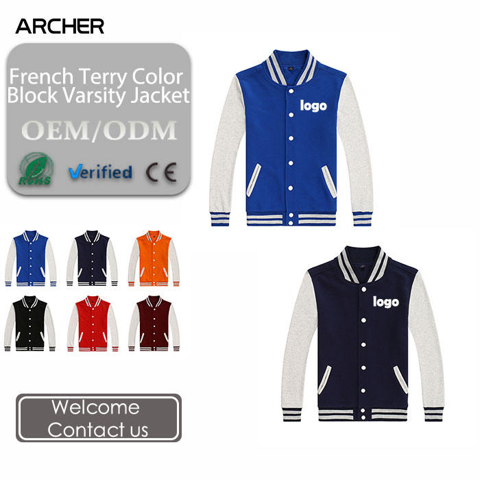 Fall Winter Lightweight French Terry Color Block Varsity Jacket Open ...