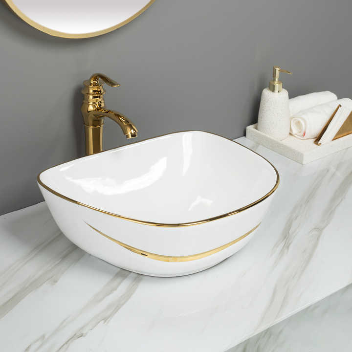 Modern Luxury Counter Top Wash Hand Basin - White with Gold Line