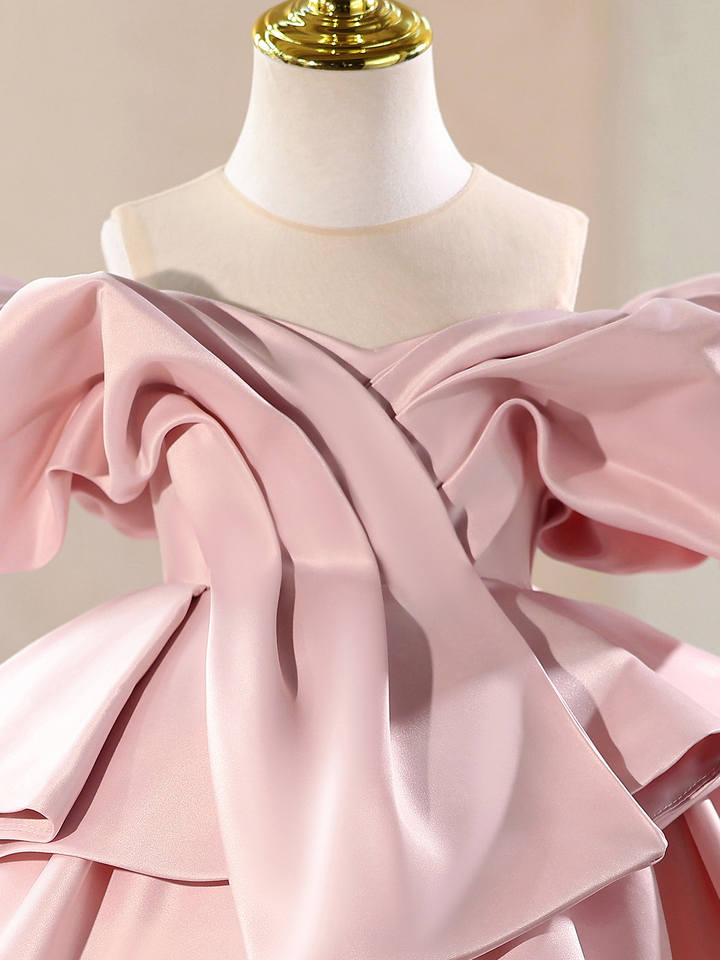 Luxury Pink Satin Girl Party Dress Off Shoulder Puff Sleeve Princess ...