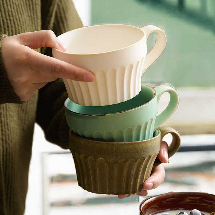 Creative 350ml Ceramic Japandi Design Milk Mug with Wide Mouth Stripes ...