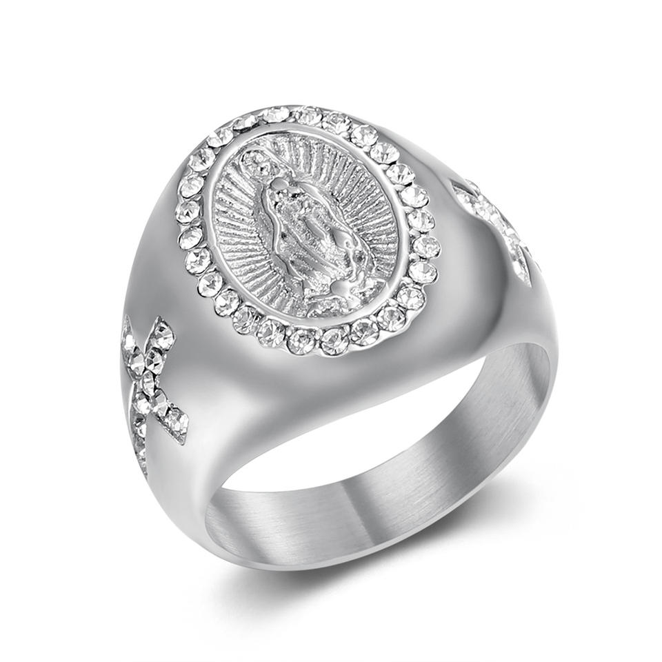 Vintage Stainless Steel Virgin Mary Ring Inlaid Zircon Cross Rings ...