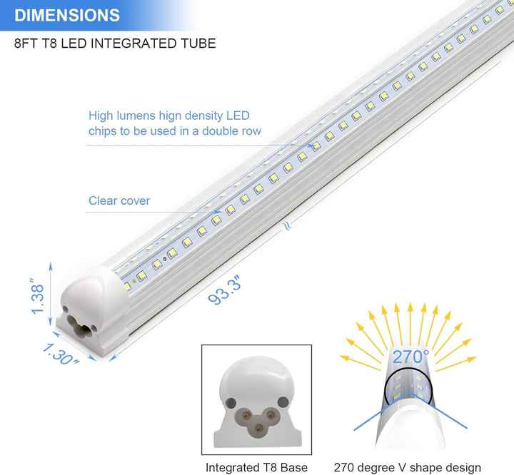 8ft 40W T8 Integrated LED Tube Light 6500K 12000LM V-Shape Light ...
