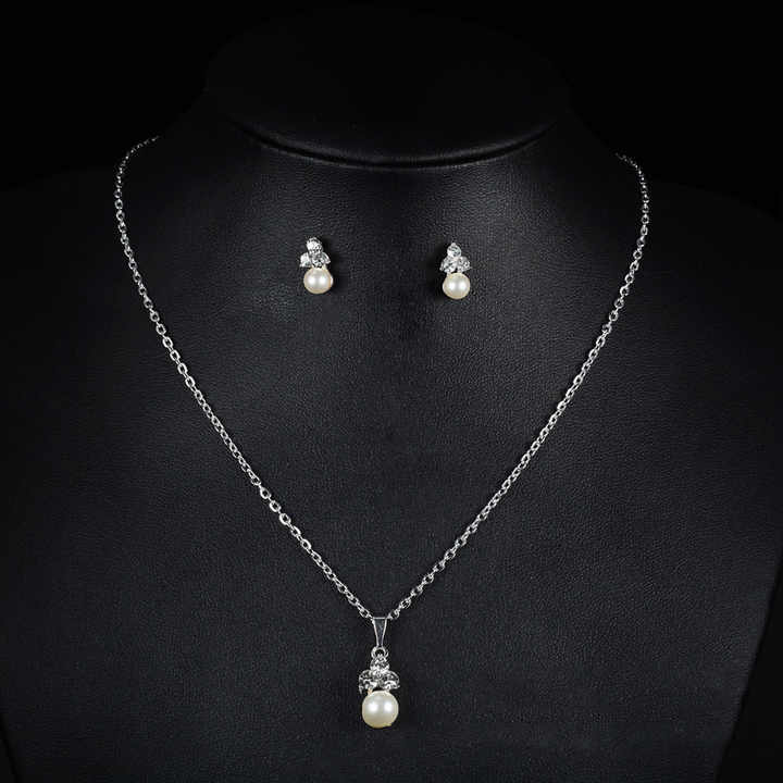 Fashion Simple Pearl Bridal Set Chain Earrings Necklace Party Pearl ...