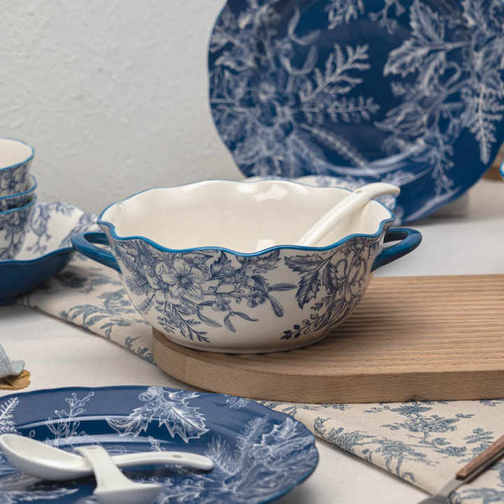 Vintage Irregular Blue Rim Ceramic Dinnerware Navy Blue Flower ...