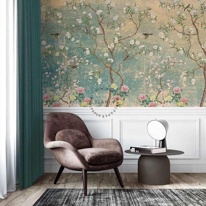 Watercolor Handdrawn Sinicism Wallpaper with Birds and Floral Wall ...