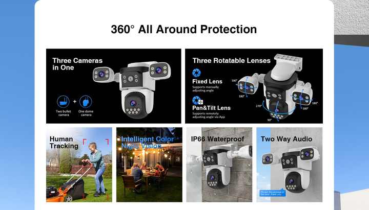 360 Degree Auto Tracking WiFi IP Security Camera Night Vision 3 Lens Smart Color Built-in Mic ...