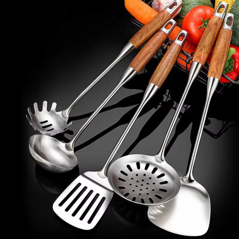 Kitchen Utensil Set with Wooden Handle 304 Stainless Steel Cooking ...