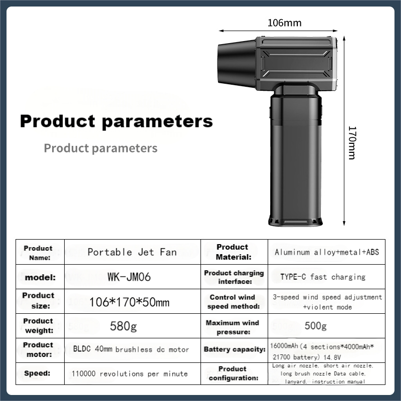 Jet Fan X6 16000mAh Industrial Grade 3-Gear Cordless Powerful Fan Turbo ...