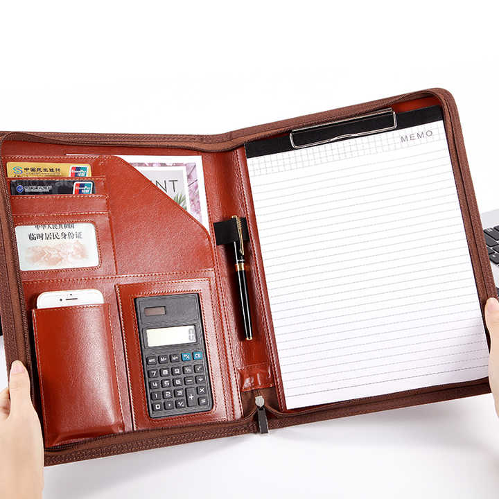 Personalized Leather Portfolio Folder with Zipper & Calculator OEM