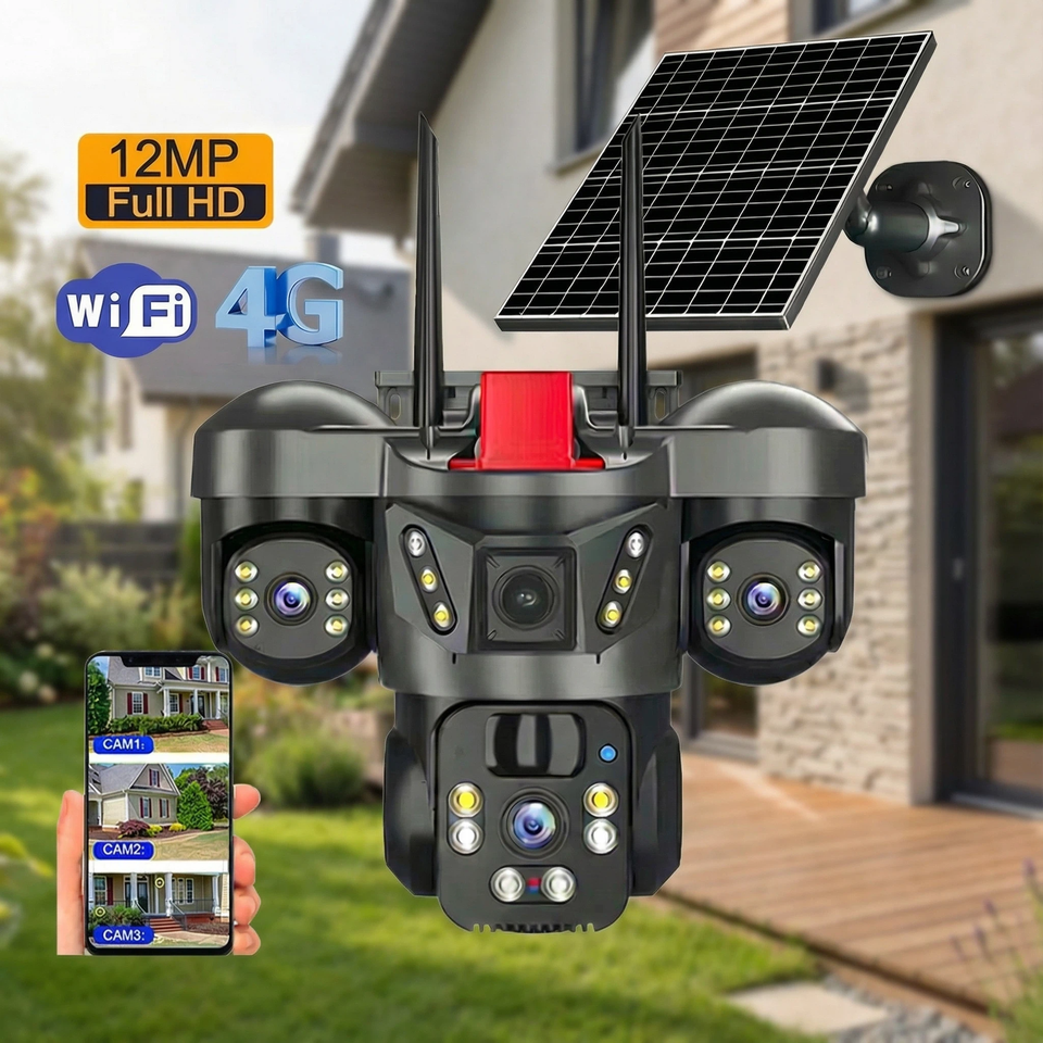 12MP 360 Solar Security Camera Night Vision Triple Len Outdoor Solar ...