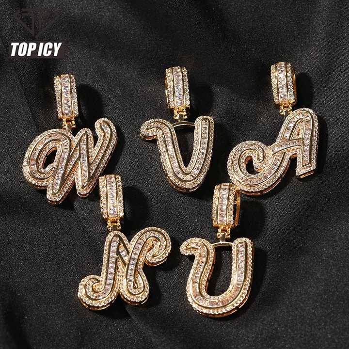 Cursive Font Baguette Diamond Initial Necklace - 18K Gold Plated