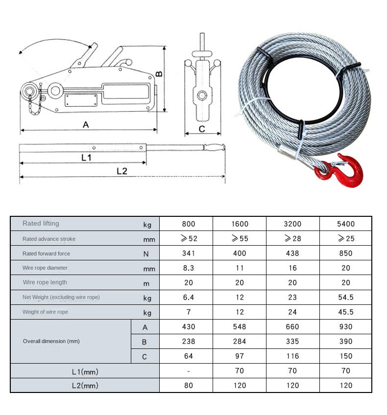 Aluminum body manual wire rope traction hoist manual winch tractor ...