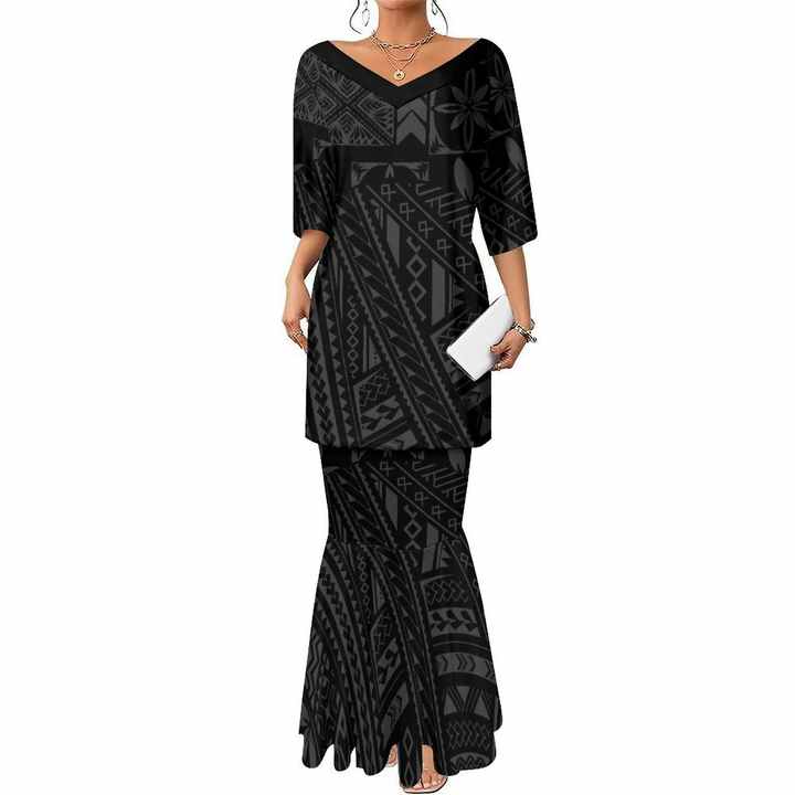 New Design Polynesian Tribal Printed Big V Neck Samoa Puletasi Set Ptaha Maxi Two Piece Skirt ...
