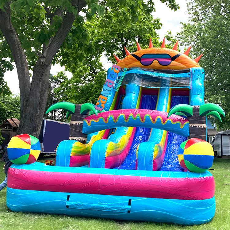 Heavy Duty Marble Yellow Palm Tree Water Slide PVC Dual-Lane Inflatable ...