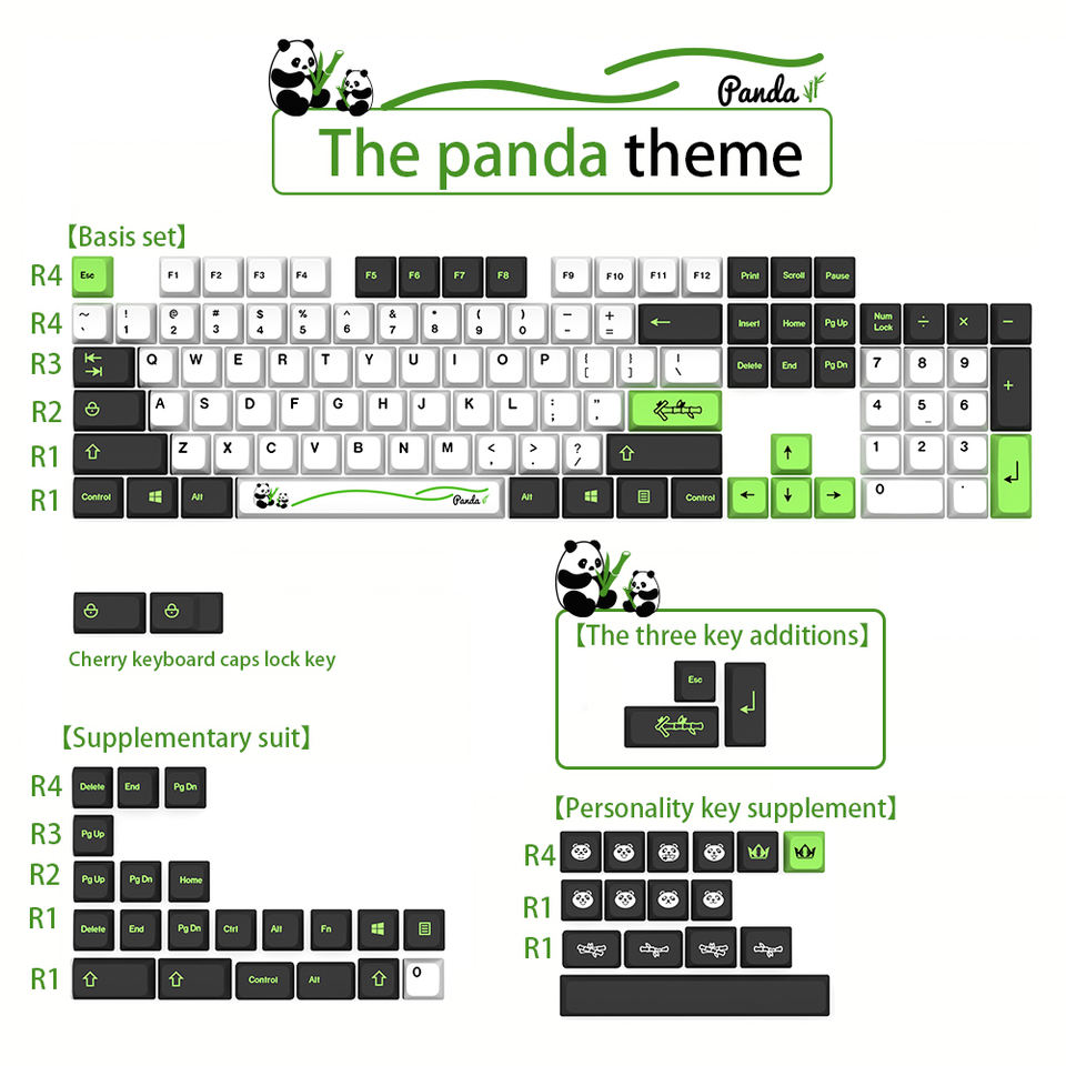 Panda Theme Keycaps Bamboo Design Zen Nature Keyboard Accessories Black ...