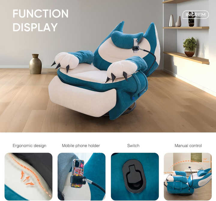 Blue Fabric Fat Cat Lazy Sofa - Voice-Activated Gaming Seat