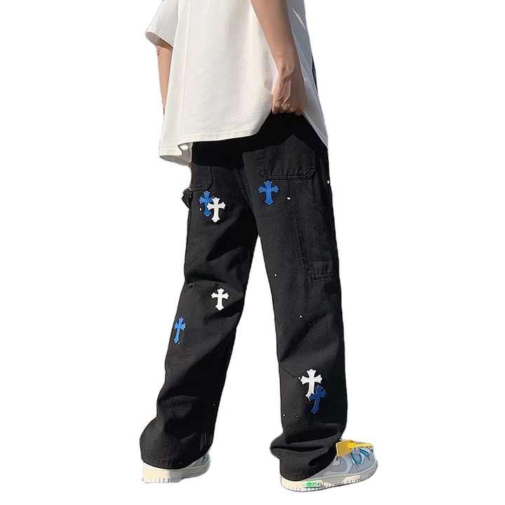 Street Style Cross Applique Embroidery Logo Splicing Jeans Straight Leg ...