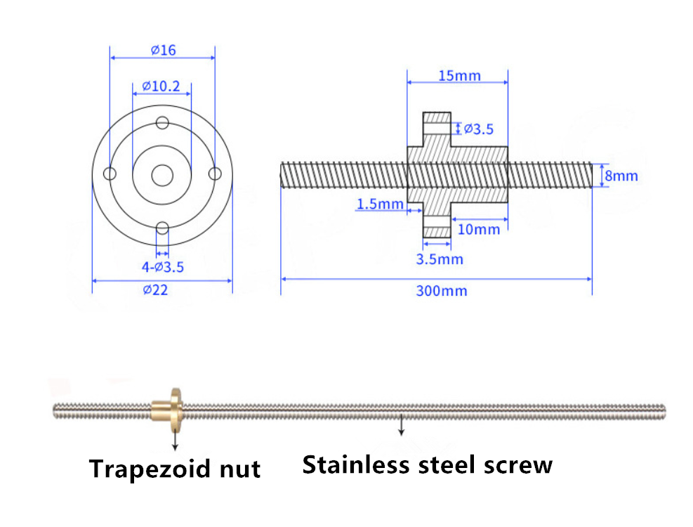 8mm 12mm 14mm 16mm 20mm Nut Trapezoid T8 Lead Screw Trapezoid Screw for ...