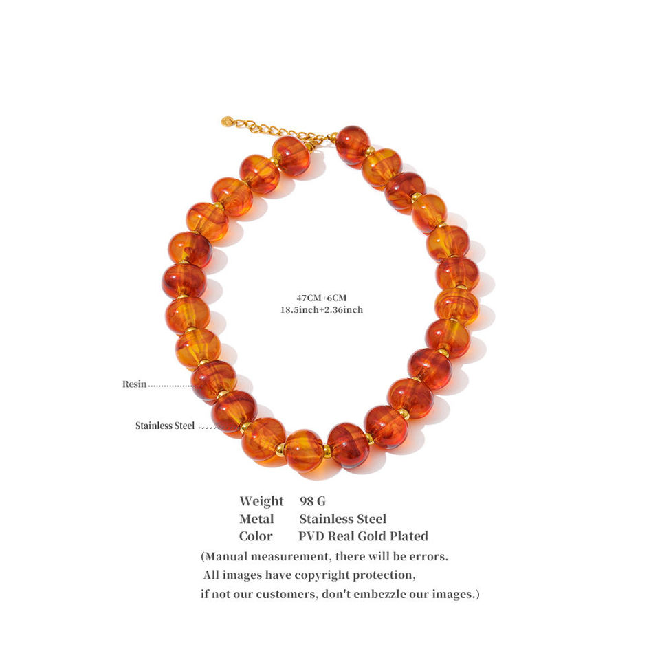 Vintage Fashion Beaded Necklace Resin Amber Stainless Steel 18K Gold ...