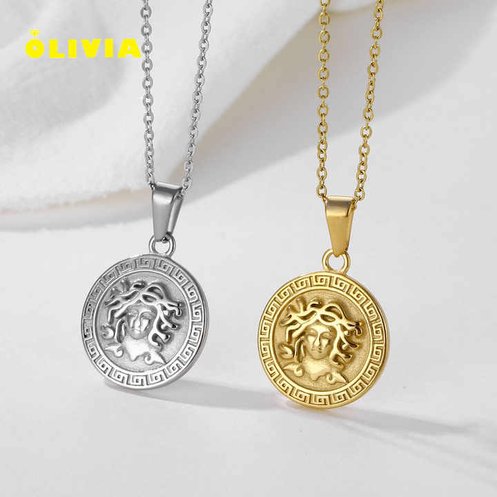 Hot Sell Ancient Greek Medusa Pendant 20mm Gold Silver Stainless Steel Medallion Round Coin Custom Medusa