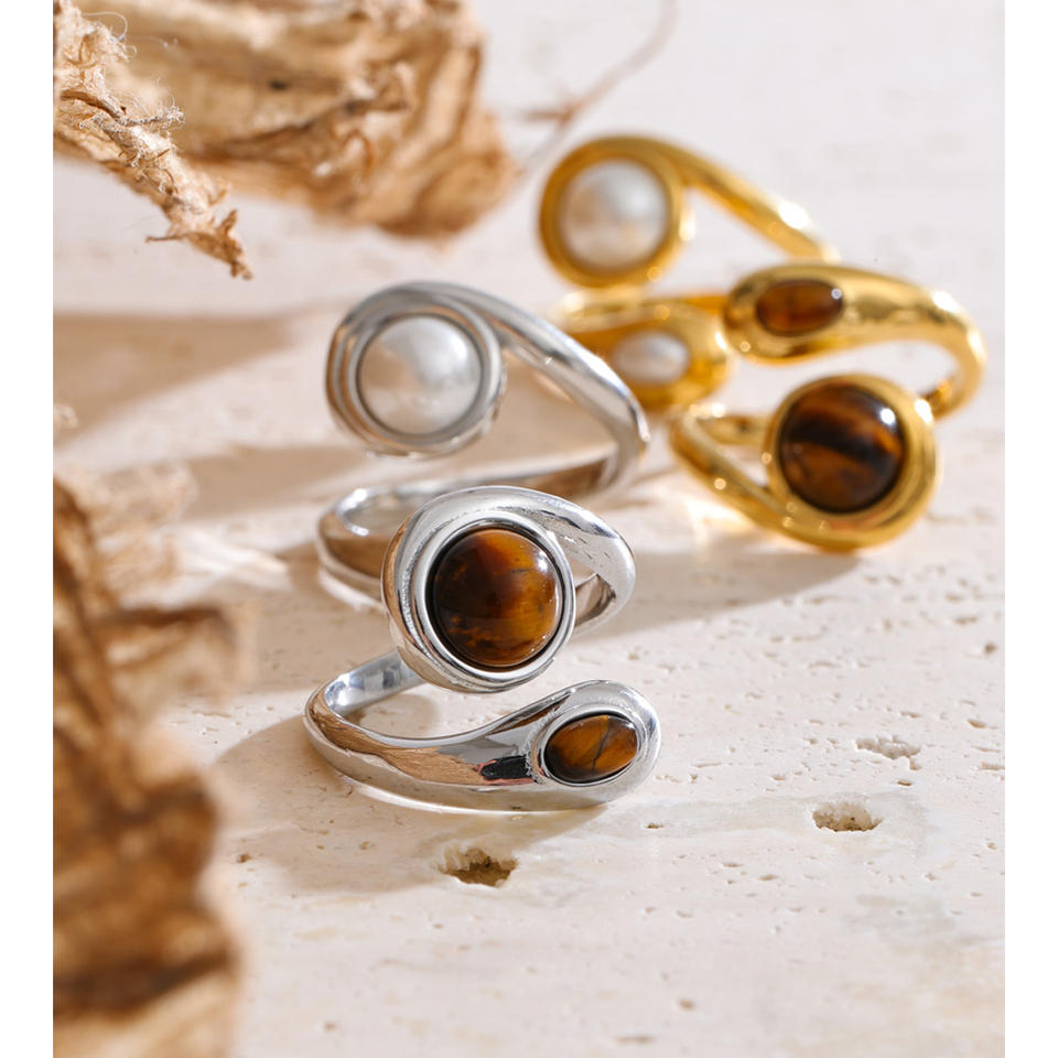 JINYOU 511 Gold Plated Stainless Steel Tiger Stone Wrap Ring Retro Dual ...
